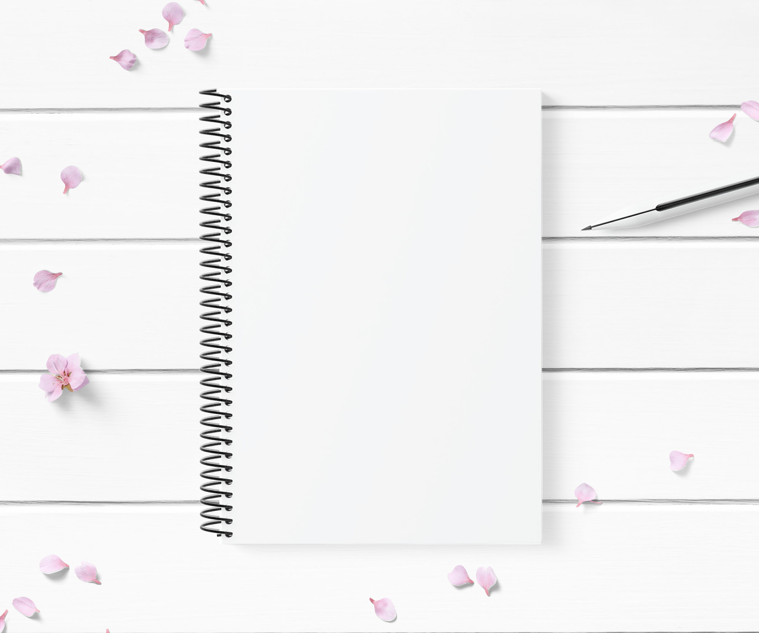 Open notebook mockup feminine design pink flowers white pencil ...